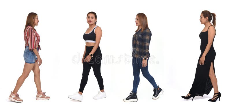 Side View of Same Women Walking with Various Outfits Stock Image ...