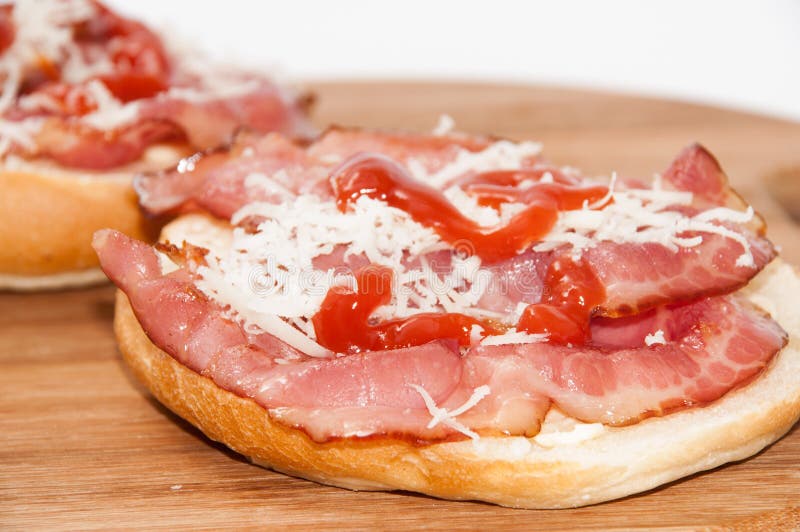 Side View of a Sandwich with Ham, Grated Cheese and Ketchup Stock Photo ...