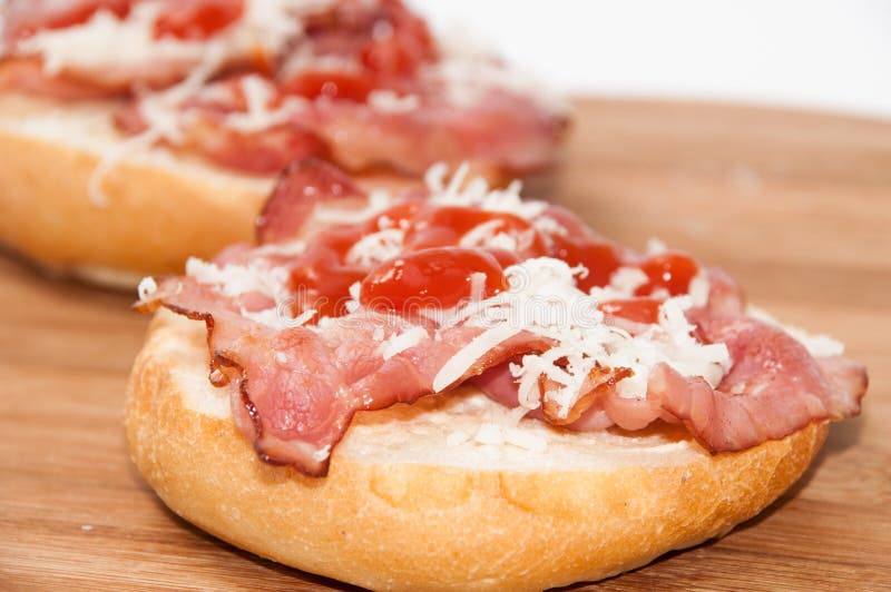 Side View of a Sandwich with Ham, Grated Cheese and Ketchup Stock Photo ...