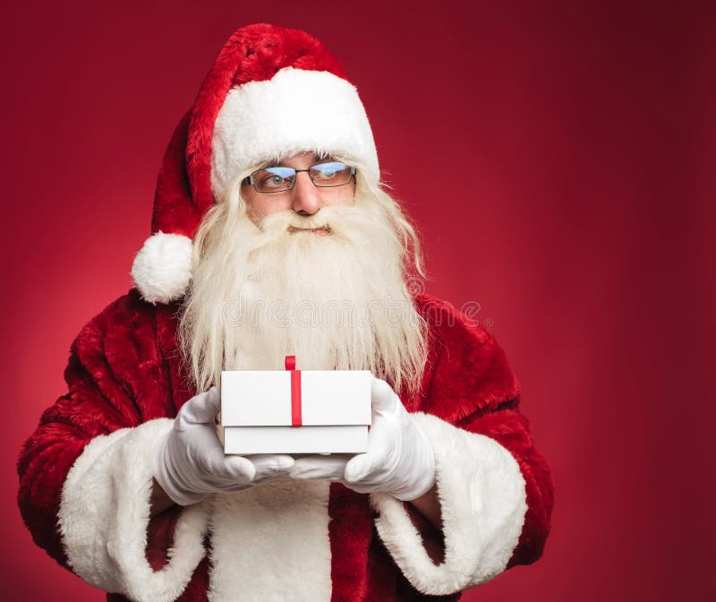 Side View of Santa Claus Holding a Present Box Stock Photo - Image of ...