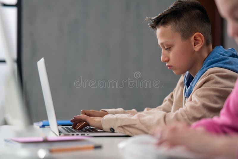 Side View of Schoolboy Using Computer in Classroom at School Stock ...