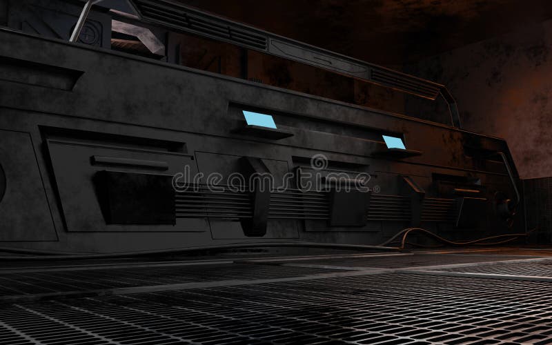 Side View Sci-fi Control Room Interior in Dark Scene Stock Illustration ...