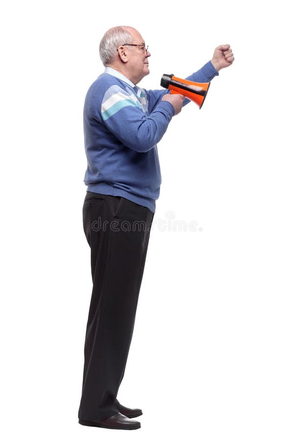 Side View. Senior Man with a Megaphone Looking at a White Screen Stock ...