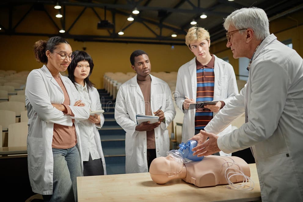 Senior Professor Putting Ventilation Mask on Dummy Stock Photo - Image ...
