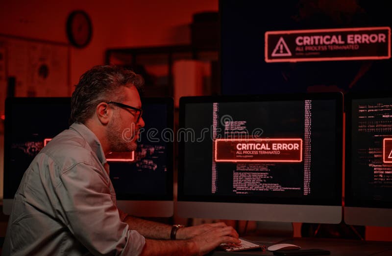 Side View of Serious Mature it Support Manager Trying To Solve ...