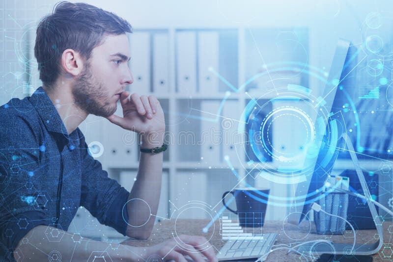 Man with Computer in Office, Network Interface Stock Image - Image of ...