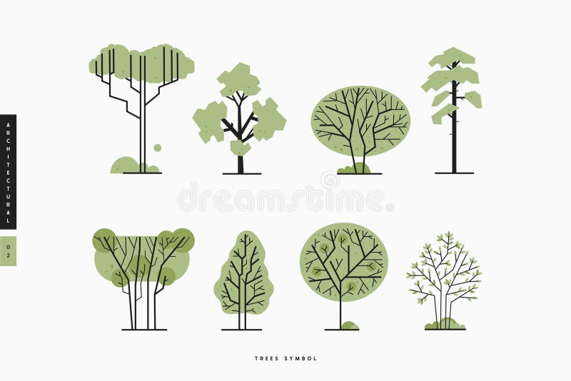 Side View, Set of Green Graphics Trees Elements Outline Symbol for ...