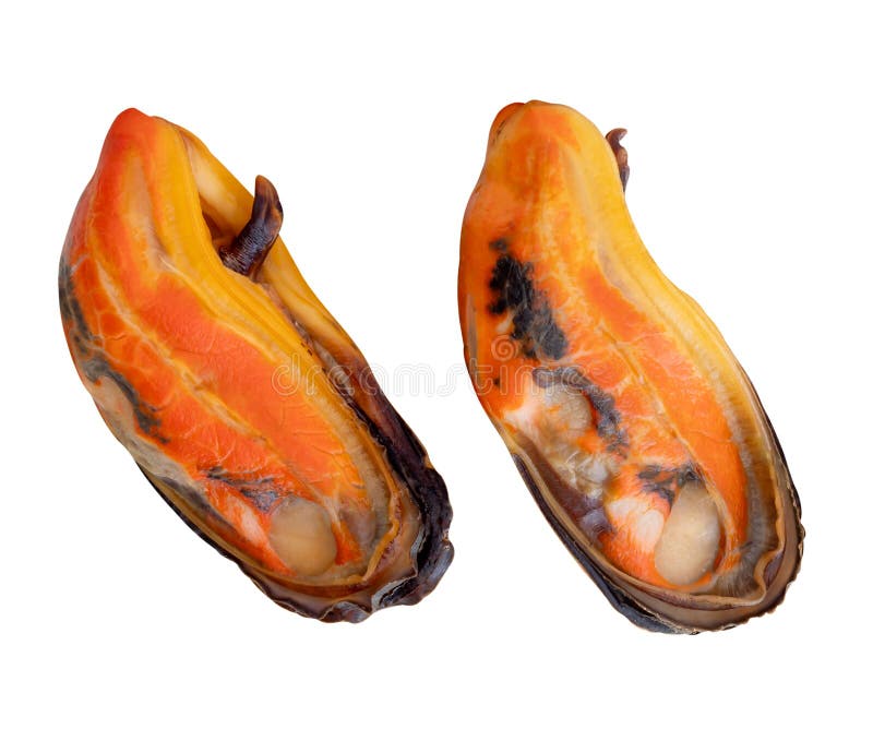 Side View Set of Two Cooked Green Mussels in Red Meat without Shell ...