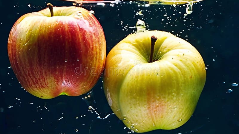 Side View of Several Fresh Apples Falling into Clear Water and Creating ...