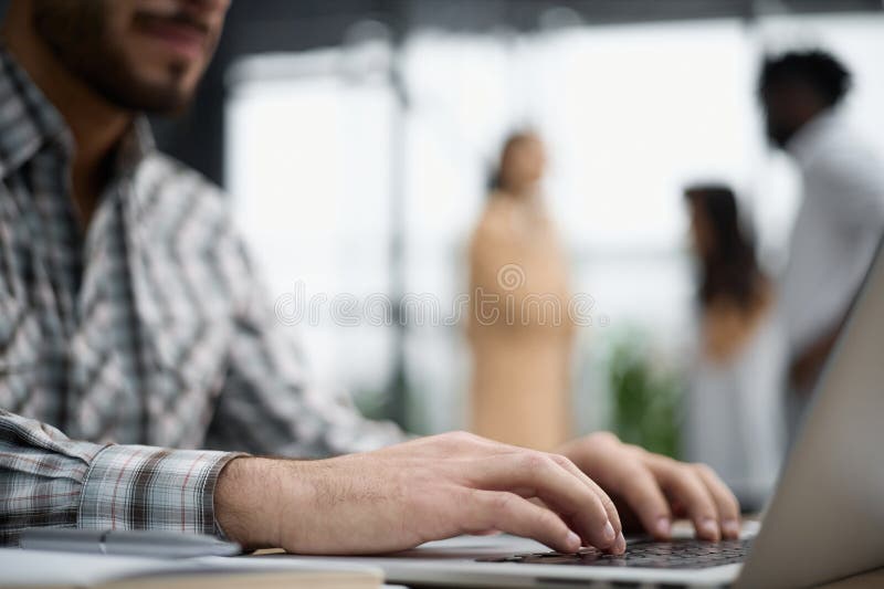 Side View Shot of Businessman Working by Using a Laptop Computer on ...