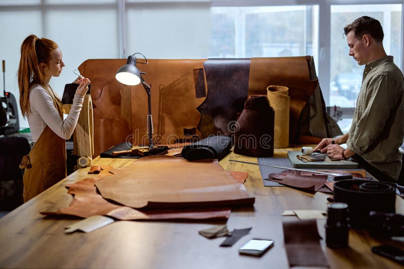 Side View Shot of Hardwworking Artisans Making Leather Goods Stock ...
