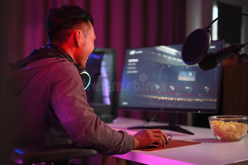 Side View Shot Man Streamer Playing Online Video Game on Personal ...