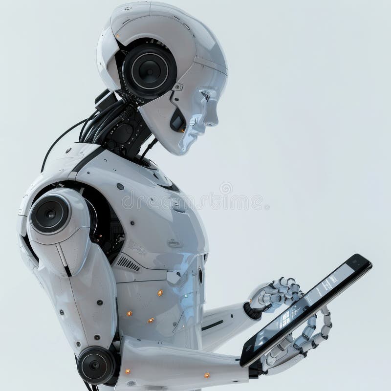 Futuristic White Robot Using Tablet with Advanced Interface on White ...