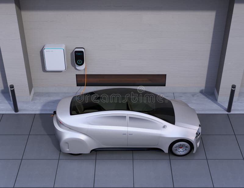 Side View of Silver Car Charging in Home EV Charging Station Stock ...