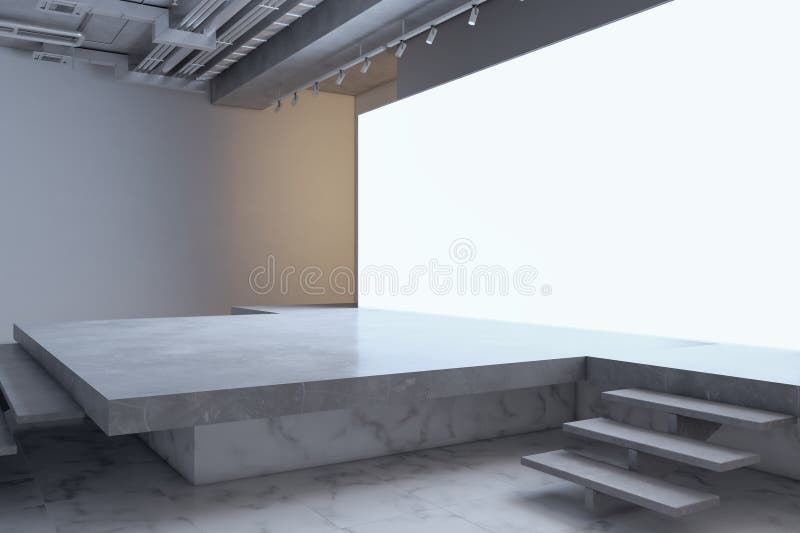 Side View of Simple Luxury Auditorium with Stage and Blank White Mock ...