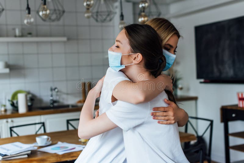 View of Sisters in Medical Masks Stock Photo - Image of indoors ...