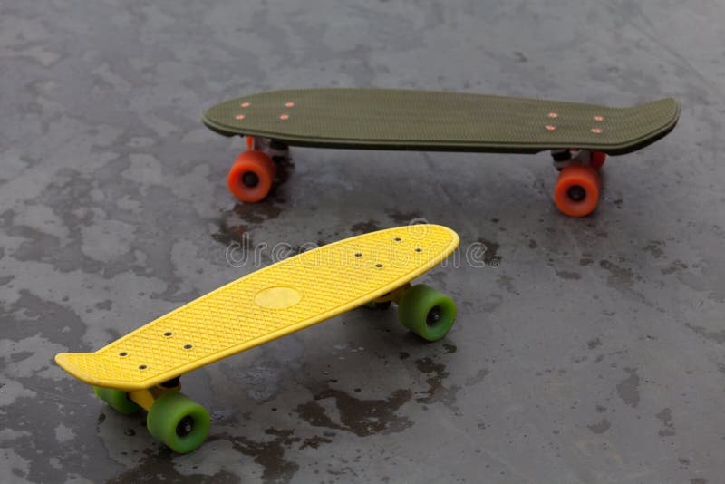 Side View of Skateboards with Red and Reen Wheels in Skate Park Stock ...