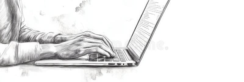 Side View Sketch of Hands Typing on a Laptop with Coding on Screen ...