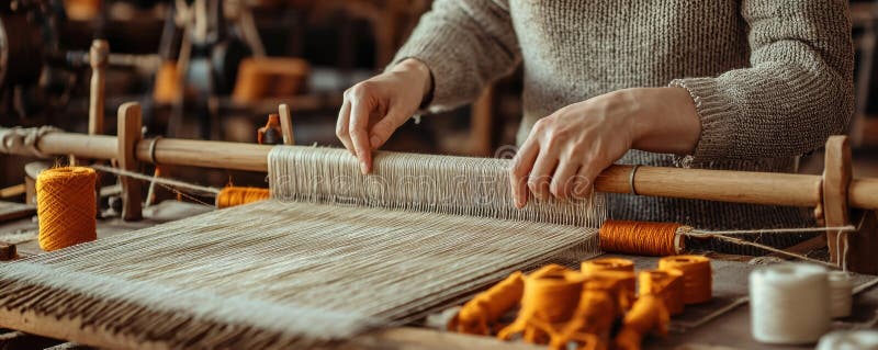 Side View of a Skilled Weaver Adjusting Threads on a Loom with Detailed ...