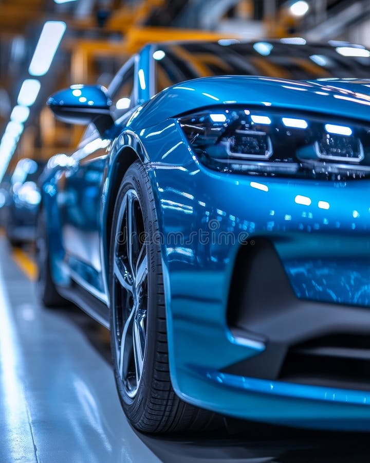 Side View of Sleek Blue Sports Car on Assembly Line with Bright Lights ...
