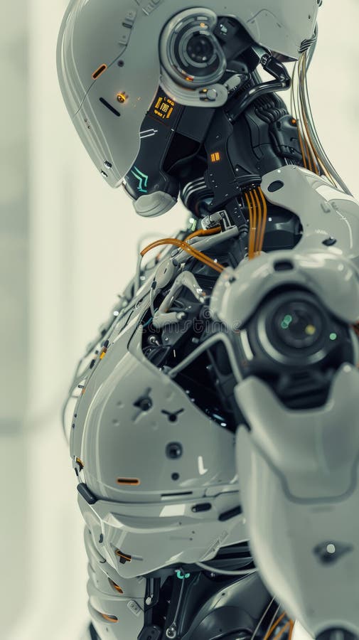 Side View of a Sleek, White Robotic Figure with Intricate Mechanical ...