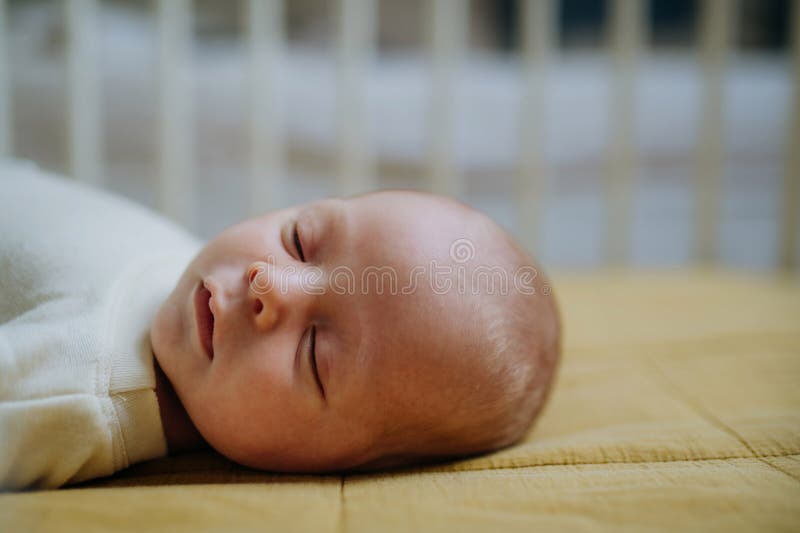 Side View of Sleeping Baby in Little Bed. Stock Photo - Image of dream ...
