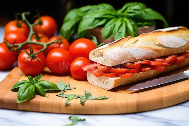 Side View of a Sliced Baguette, Fresh Tomatoes, and a Handful of Basil ...