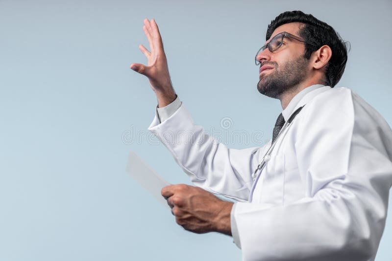 Side View of Smart Doctor Pointing and Checking and Looking at Chart ...