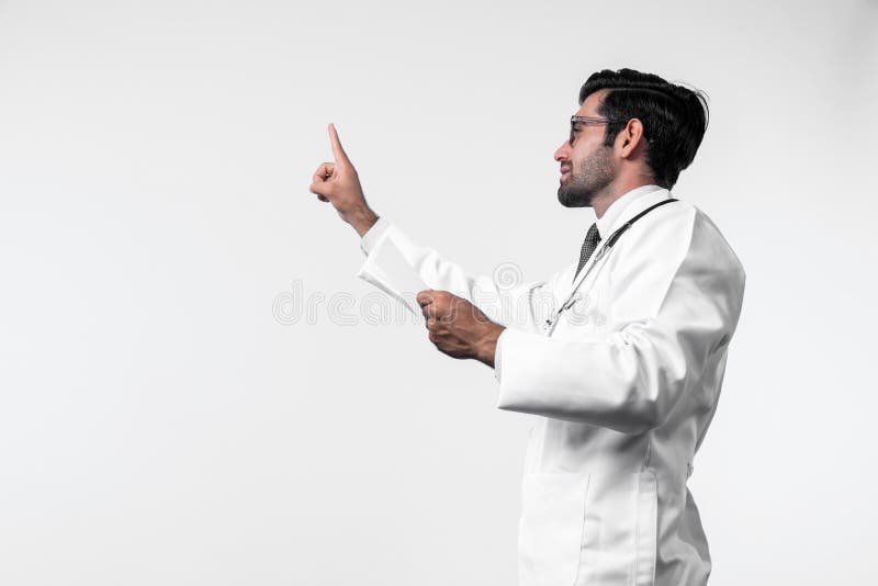 Side View of Smart Doctor Pointing and Checking and Looking at Chart ...