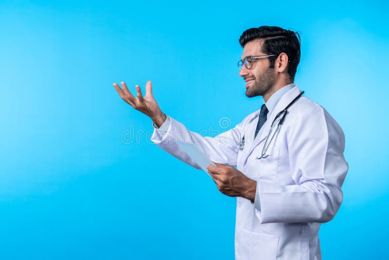 Side View of Smart Doctor Pointing and Checking and Looking at Chart ...