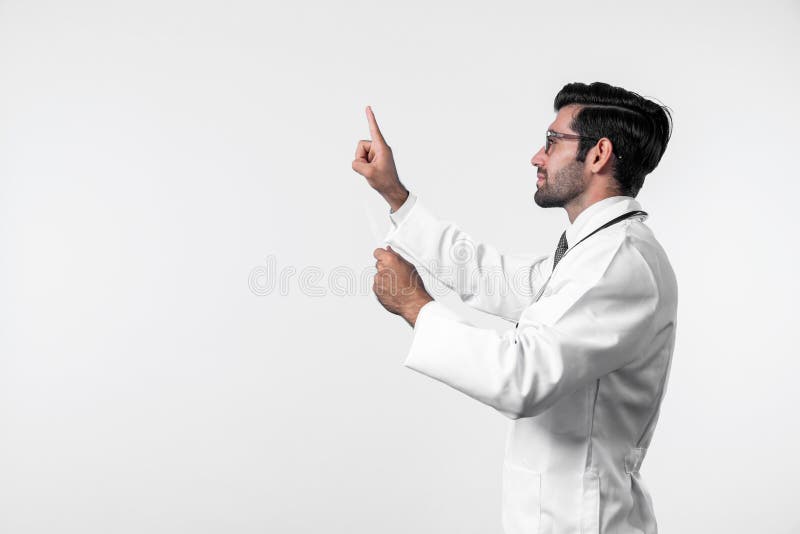 Side View of Smart Doctor Pointing and Checking and Looking at Chart ...