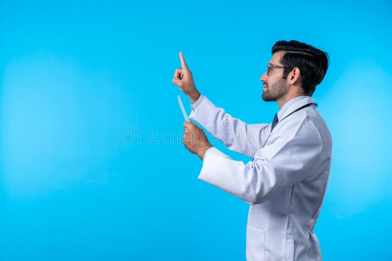 Side View of Smart Doctor Pointing and Checking and Looking at Chart ...