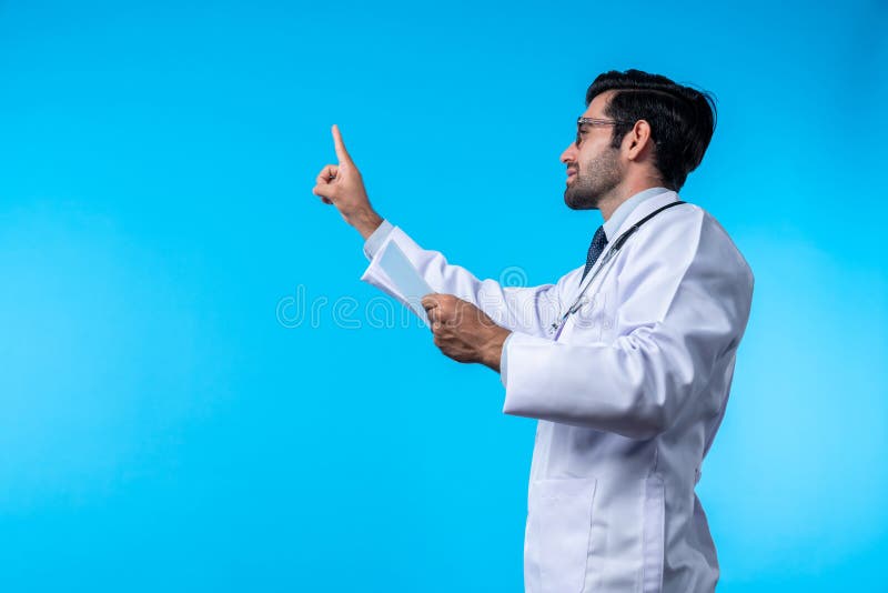 Side View of Smart Doctor Pointing and Checking and Looking at Chart ...