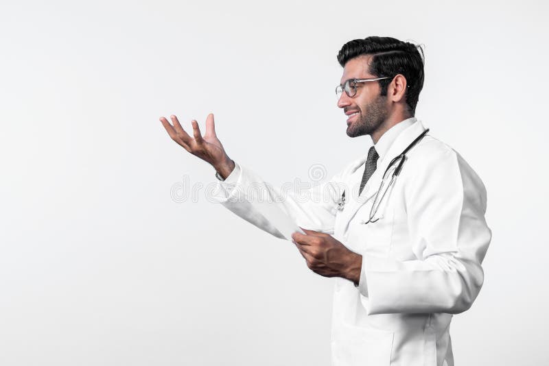 Side View of Smart Doctor Pointing and Checking and Looking at Chart ...