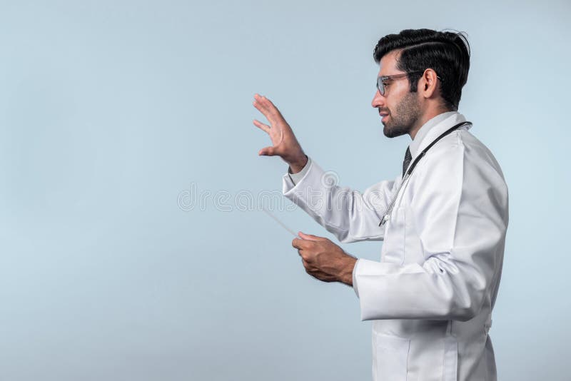 Side View of Smart Doctor Pointing and Checking and Looking at Chart ...