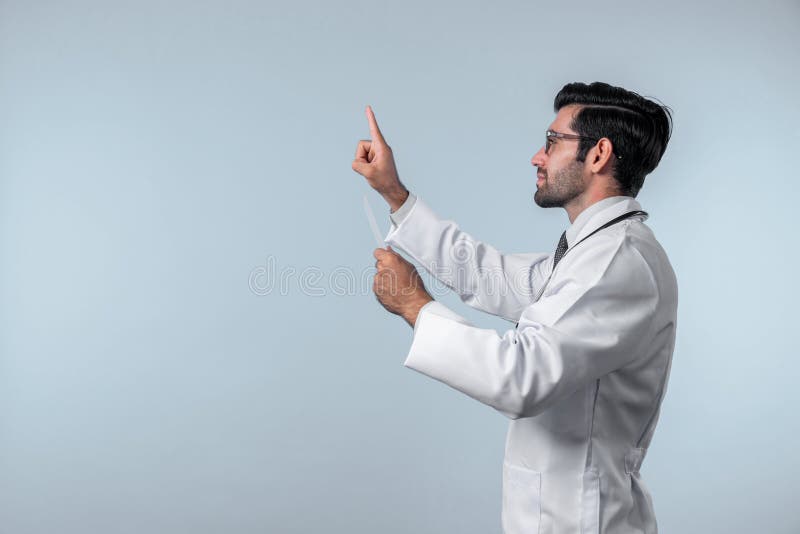 Side View of Smart Doctor Pointing and Checking and Looking at Chart ...