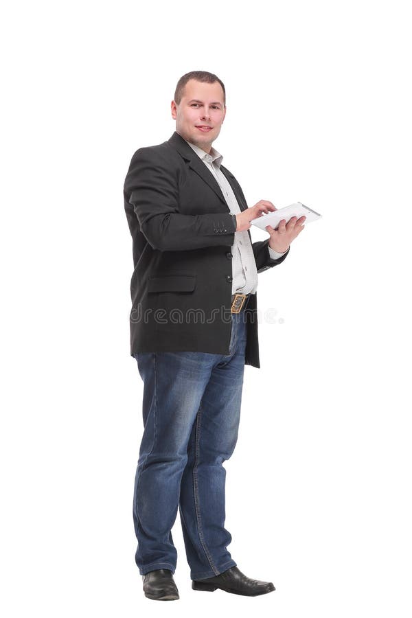 Side View of Smiling Business Man Using His Tablet Computer Stock Image ...