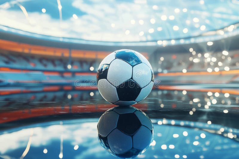 Side View of a Soccer Ball on a Big Glance Mirror Surface in Stadium ...
