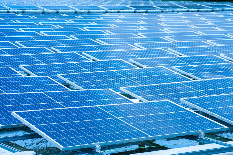 Side View of Solar Panels Floating on Water in a Lake, for Generating ...