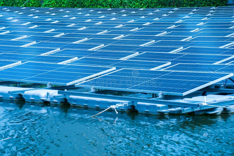 Side View of Solar Panels Floating on Water in a Lake, for Generating ...