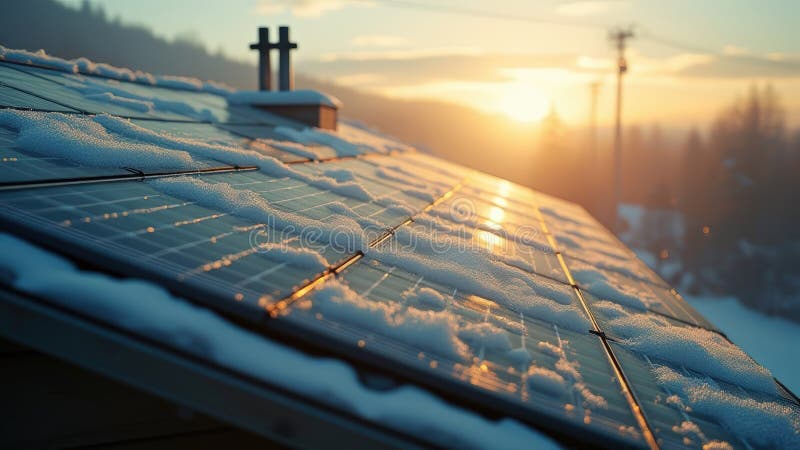Side View of Solar Panels on House Roof in Winter with Snow Stock ...