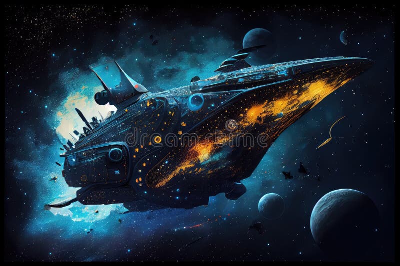 Side View of Spaceship, Traveling through Endless Starry Night, with ...
