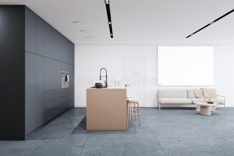 Side View of Spacious Empty Kitchen Interior with Blank White Poster on ...