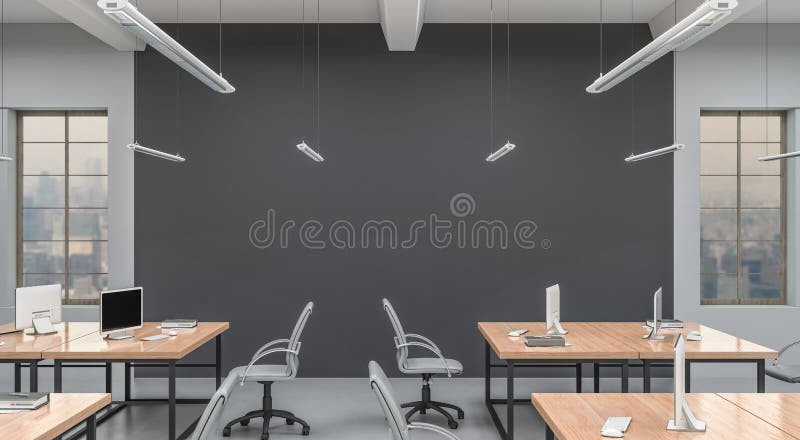 Side View of a Modern Office with a Grey Wall. Rows of Tables, Equipped ...