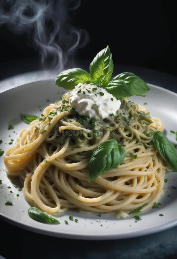 Side View Spaghetti with Greens and Ricotta Cheese in Round White Plate ...