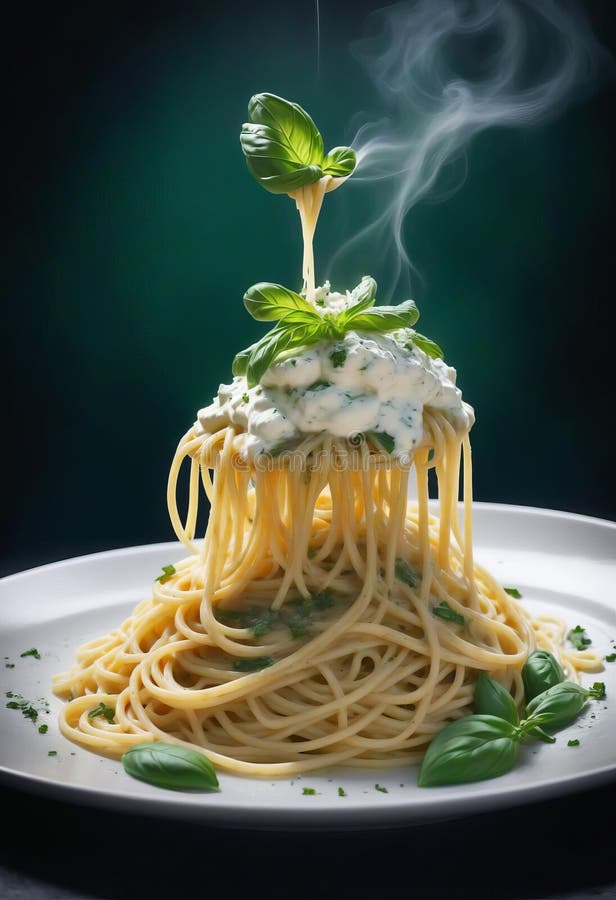 Side View Spaghetti with Greens and Ricotta Cheese in Round White Plate ...