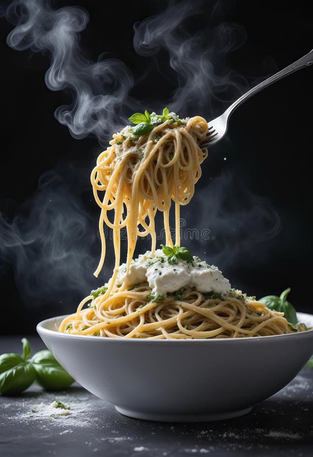 Side View Spaghetti with Greens and Ricotta Cheese in Round White Plate ...