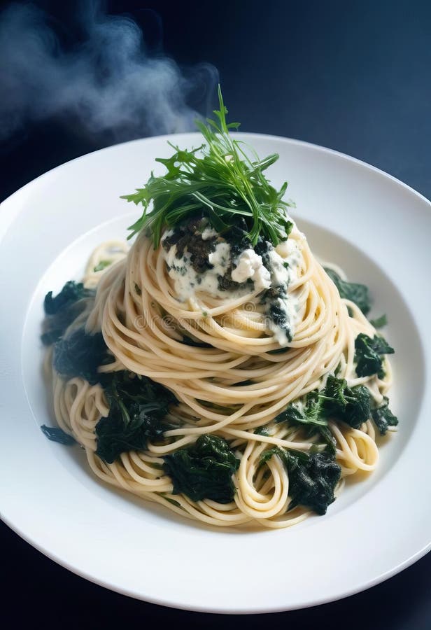 Side View Spaghetti with Greens and Ricotta Cheese in Round White Plate ...