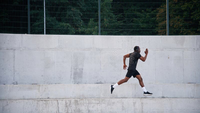Side View. Sportive Black Man is Running, Morning Routine Stock Image ...