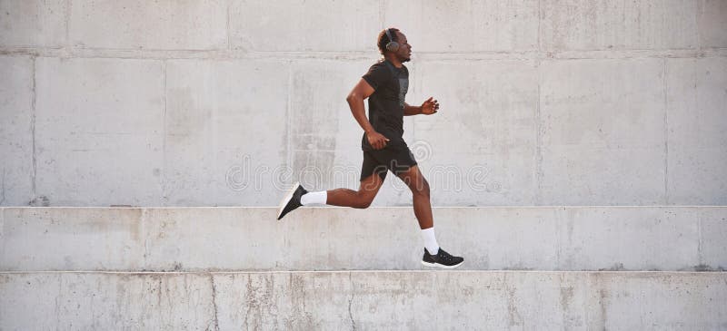 Side View. Sportive Black Man is Running, Morning Routine Stock Image ...